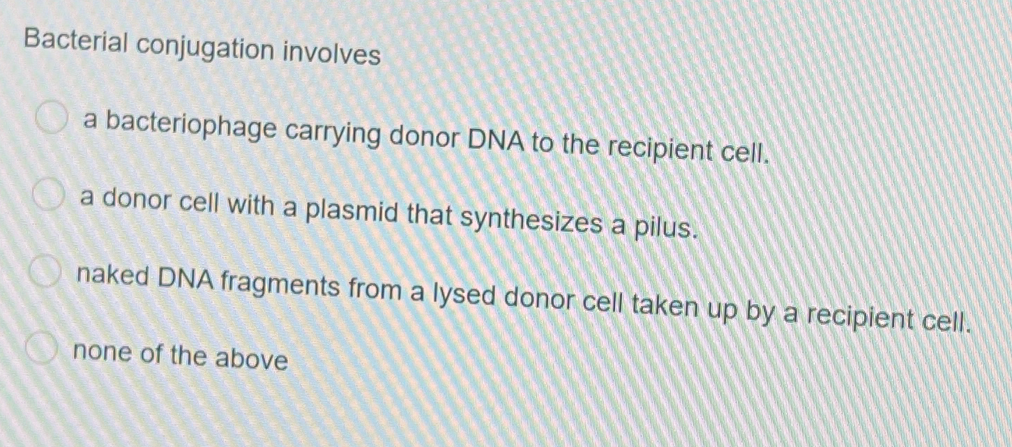Solved Bacterial conjugation involvesa bacteriophage | Chegg.com