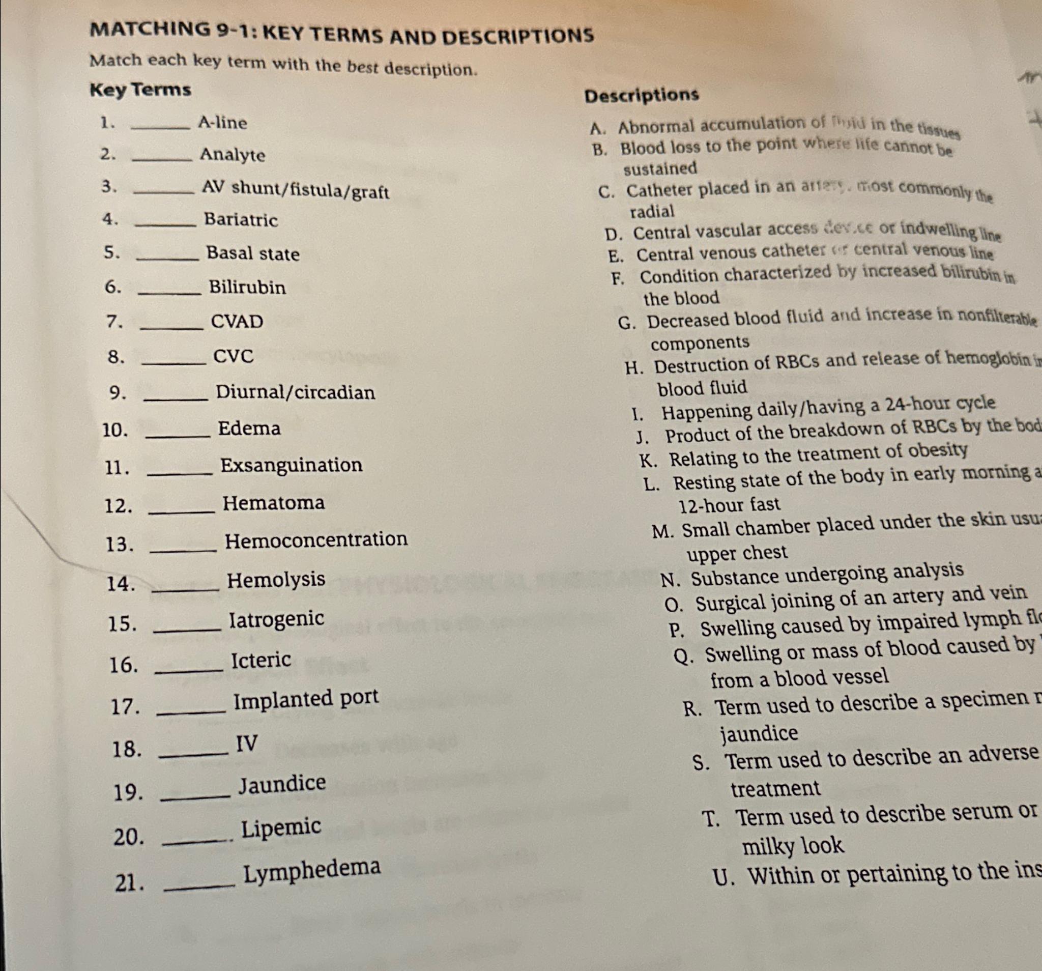 Solved MATCHING 9-1: KEY TERMS AND DESCRIPTIONSMatch each | Chegg.com
