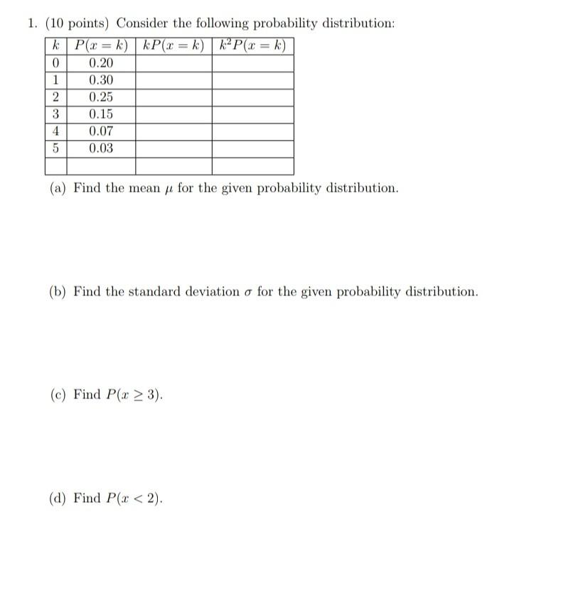 Solved 1. (10 points) Consider the following probability | Chegg.com