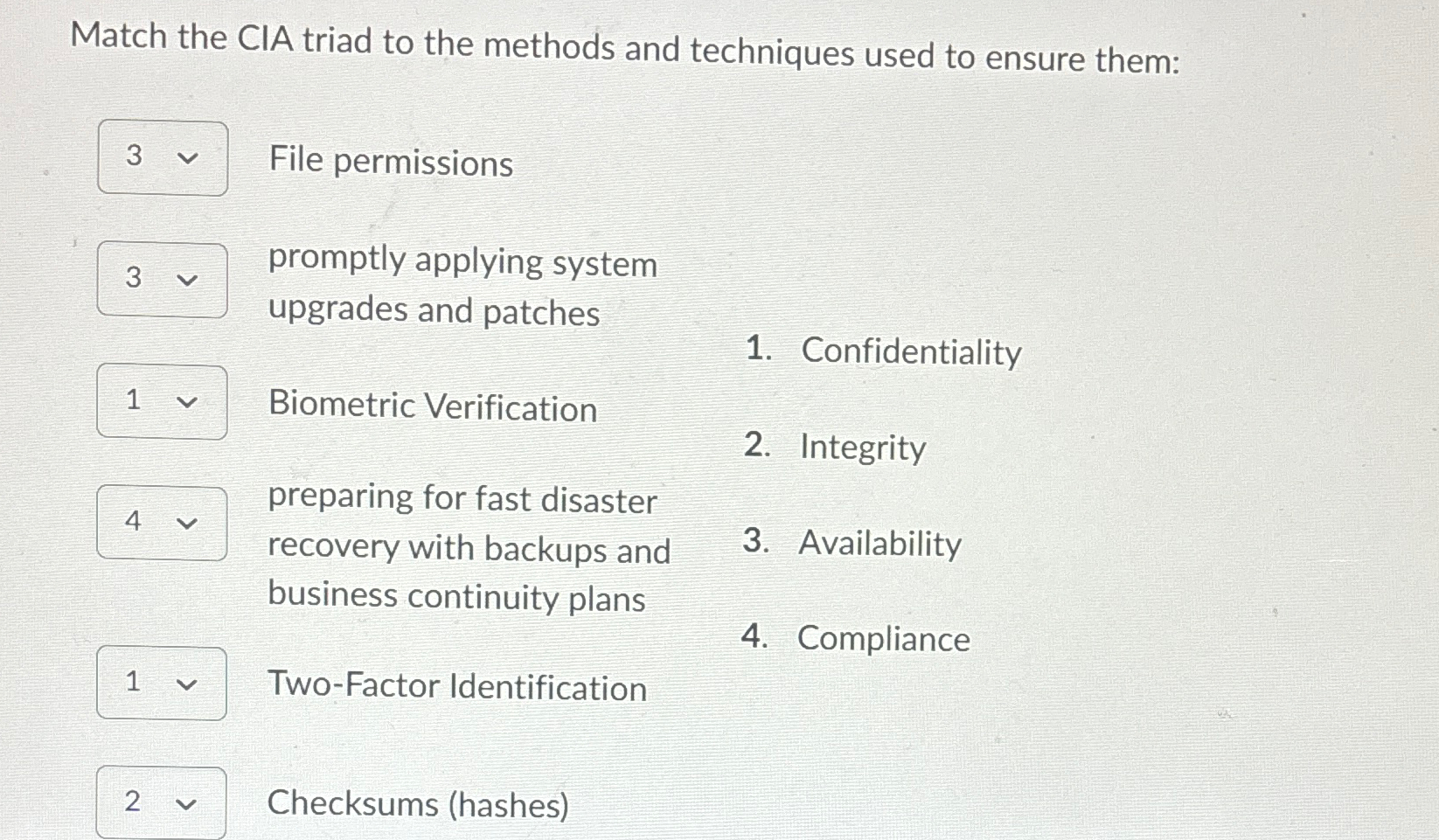 Solved Match the CIA triad to the methods and techniques | Chegg.com