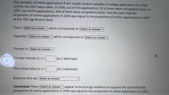 Solved The numbers of online applications from simple random | Chegg.com