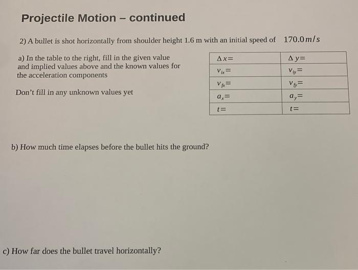 Solved Projectile Motion - continued 2) A bullet is shot | Chegg.com