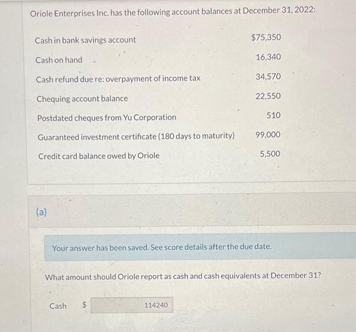 Solved Oriole Enterprises Inc. has the following account | Chegg.com