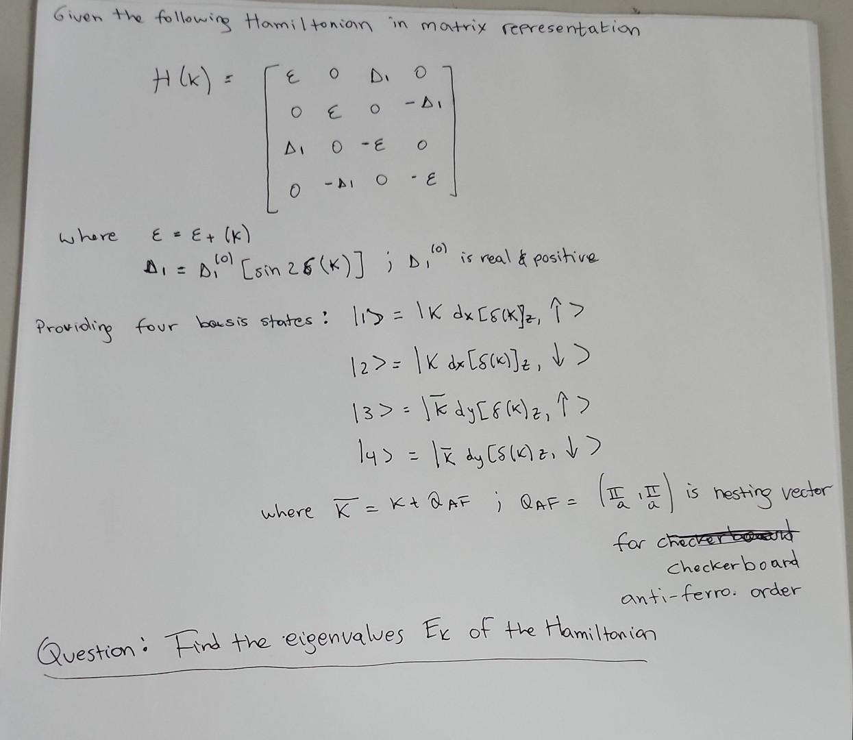 Solved Given the following Hamiltonian in matrix | Chegg.com