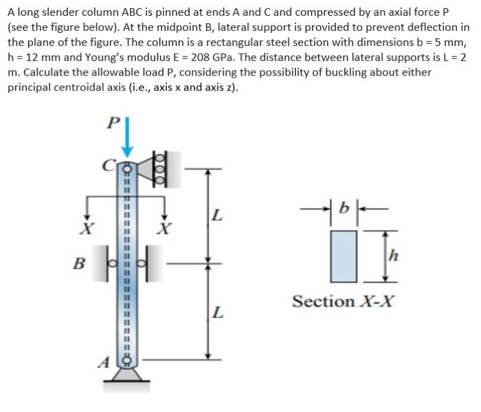 Solved A long slender column ABC is pinned at ends A and C | Chegg.com