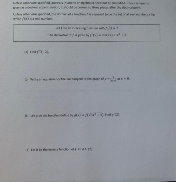 Solved Unless otherwise specified, answers (numeric or | Chegg.com