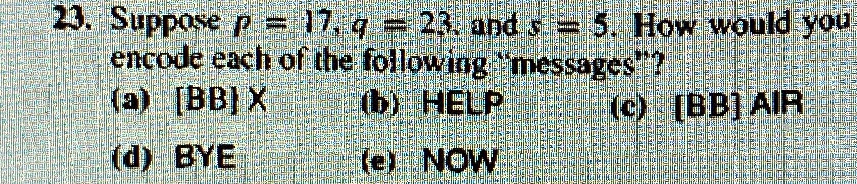Solved Suppose p=17,q=23. ﻿and s=5. ﻿How would you encode | Chegg.com