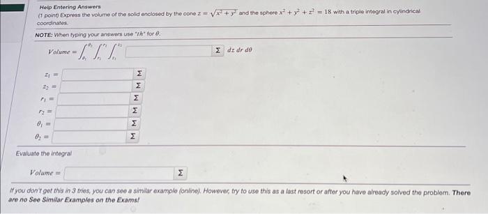 Solved Help Entering Answers (1 point Express the volume of | Chegg.com