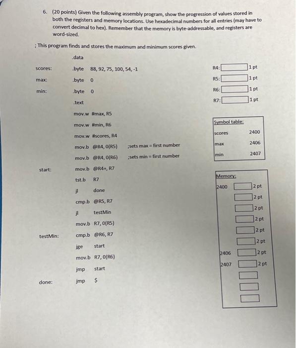 Solved 6. (20 points) Given the following assembly program, | Chegg.com
