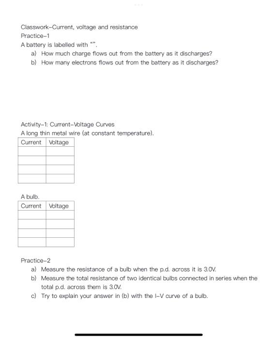 Solved Classwork-Current, voltage and resistance Practice-1 | Chegg.com