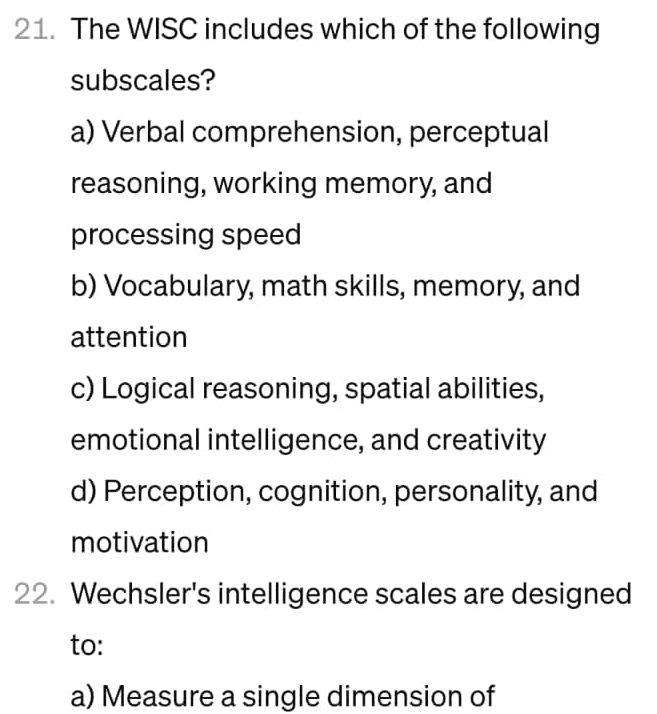Solved The WISC includes which of the following subscales?a) | Chegg.com