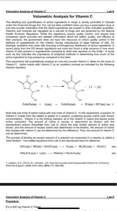 Solved Volumetric Analysis of Vitamin C Lab Volumetric | Chegg.com
