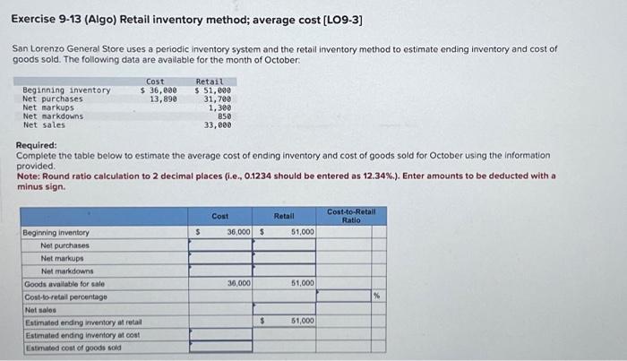 Solved Exercise 9-13 (Algo) Retail inventory method; average | Chegg.com