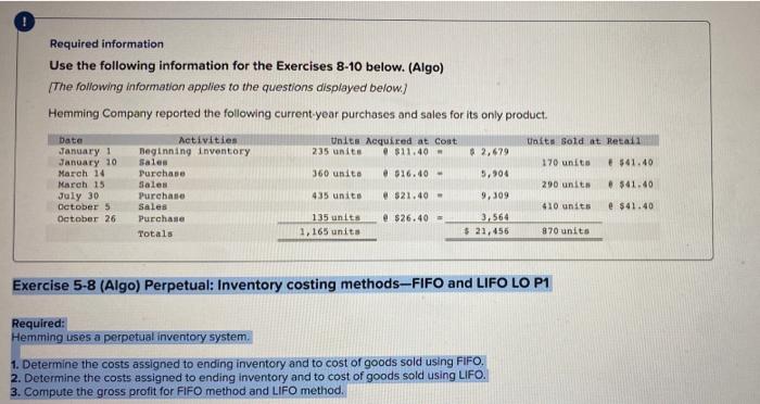 Solved Exercise 5-8 (Algo) Perpetual: Inventory costing | Chegg.com