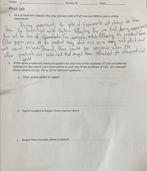 Solved Name: Section #: Date: Post-lab 1. Give at least two | Chegg.com