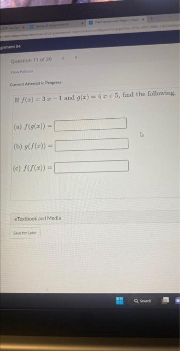 Solved If f(x)=3x−1 and g(x)=4x+5, find the following. (a) | Chegg.com