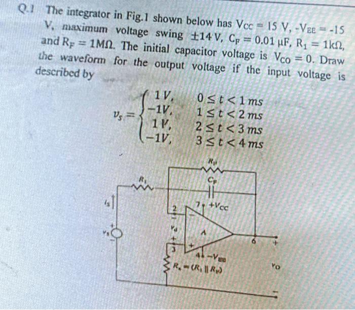 Solved Q.1 The integrator in Fig.1 shown below has Vcc= 15 | Chegg.com