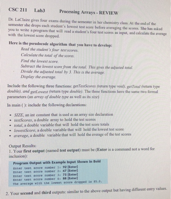 Solved CSC 211 Lab3 Processing Arrays - REVIEW Dr. LaClaire | Chegg.com