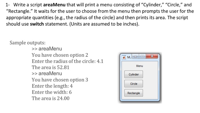 1- Write a script areaMenu that will print a menu | Chegg.com