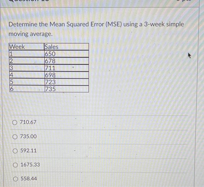 Solved Determine the Mean Squared Error (MSE) using a 3-week | Chegg.com