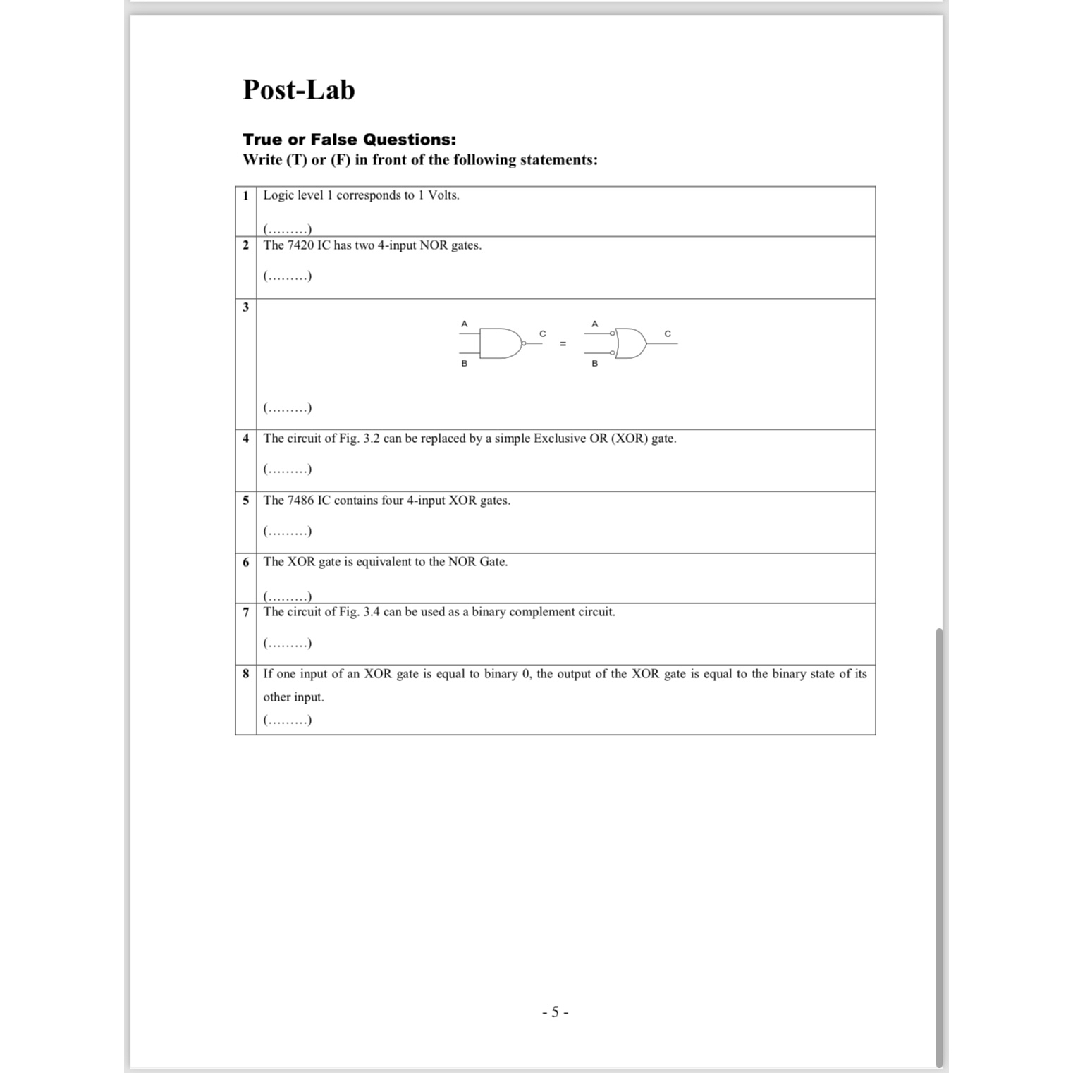 Solved Post-LabTrue or False Questions:Write (T) ﻿or (F) ﻿in | Chegg.com