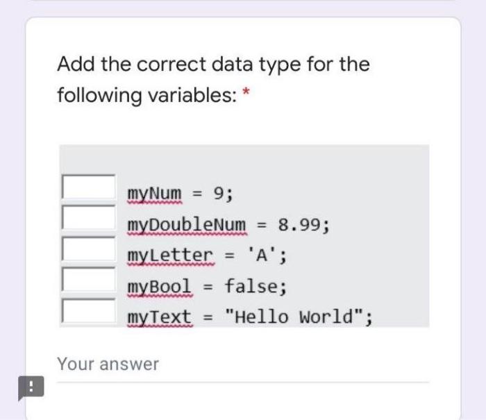 Solved Add the correct data type for the following | Chegg.com