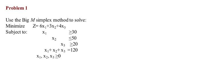 Solved Problem 1 Use the Big M simplex method to solve: | Chegg.com