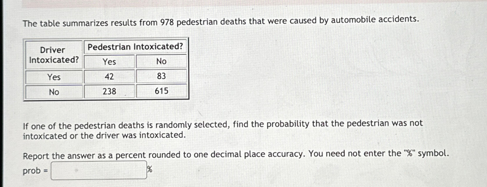 Solved The table summarizes results from 978 ﻿pedestrian | Chegg.com