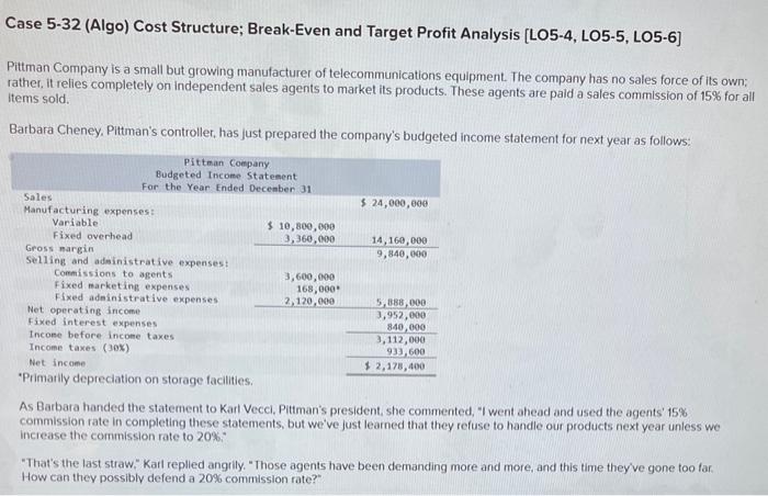 Solved Case 5-32 (Algo) Cost Structure; Break-Even and | Chegg.com