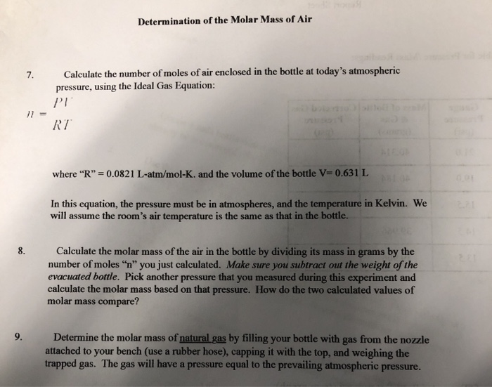 Solved Determination of the Molar Mass of Air 7. Calculate | Chegg.com