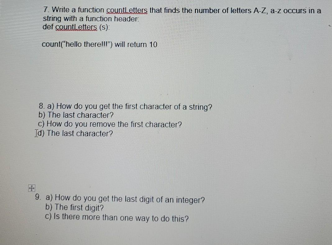 Solved 7. Write a function countLetters that finds the | Chegg.com
