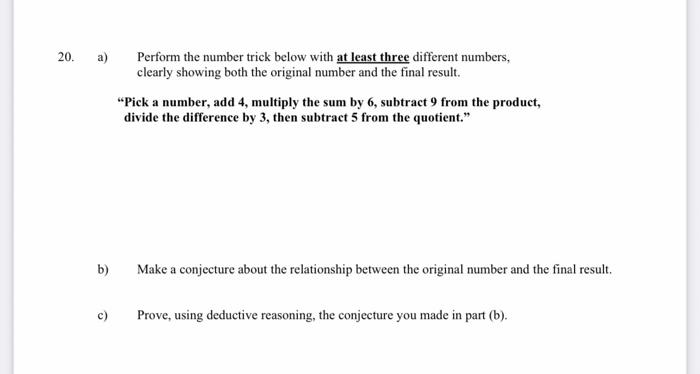 Solved a) Perform the number trick below with at least three | Chegg.com