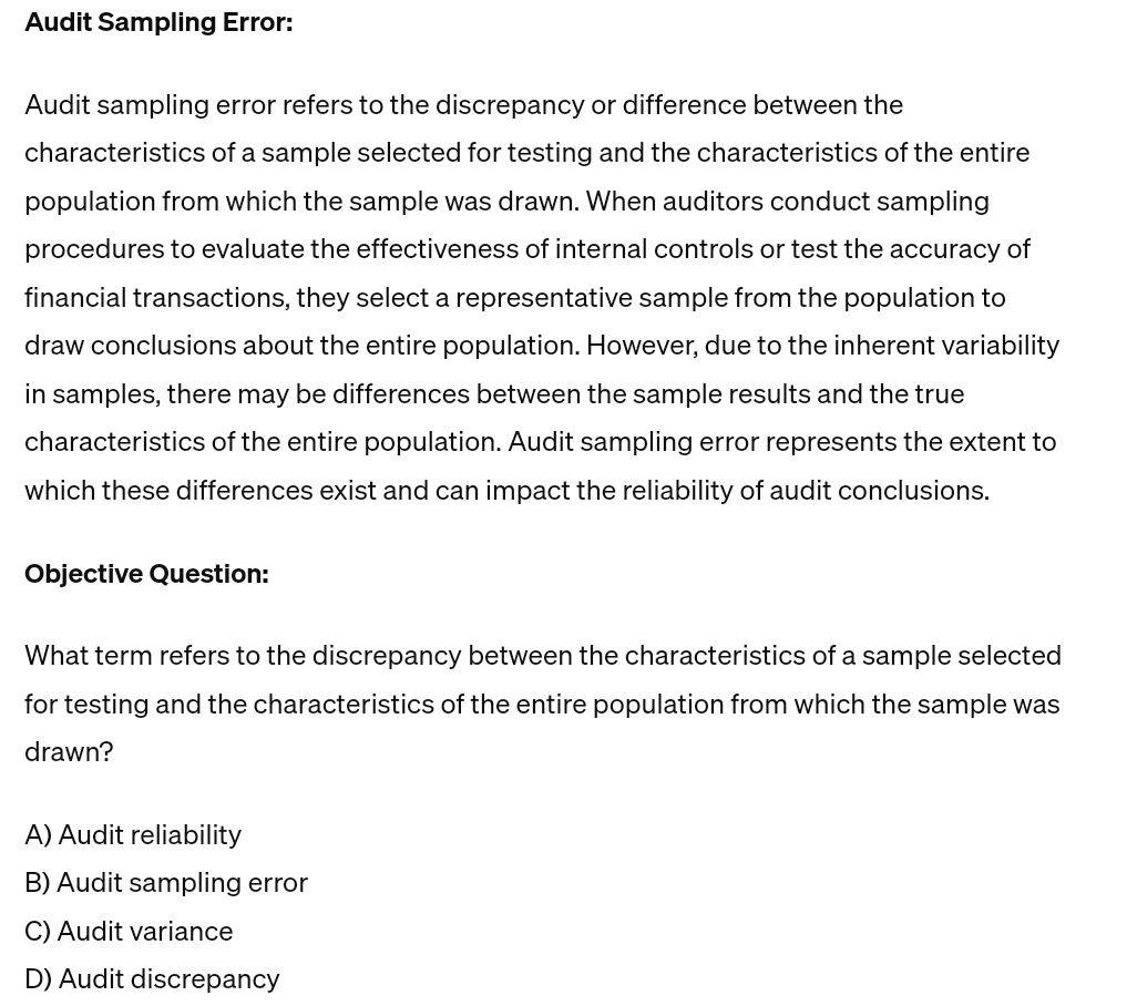 Audit Sampling Error:Audit sampling error refers to | Chegg.com