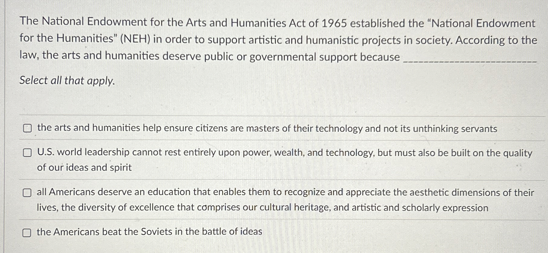 Solved The National Endowment for the Arts and Humanities | Chegg.com