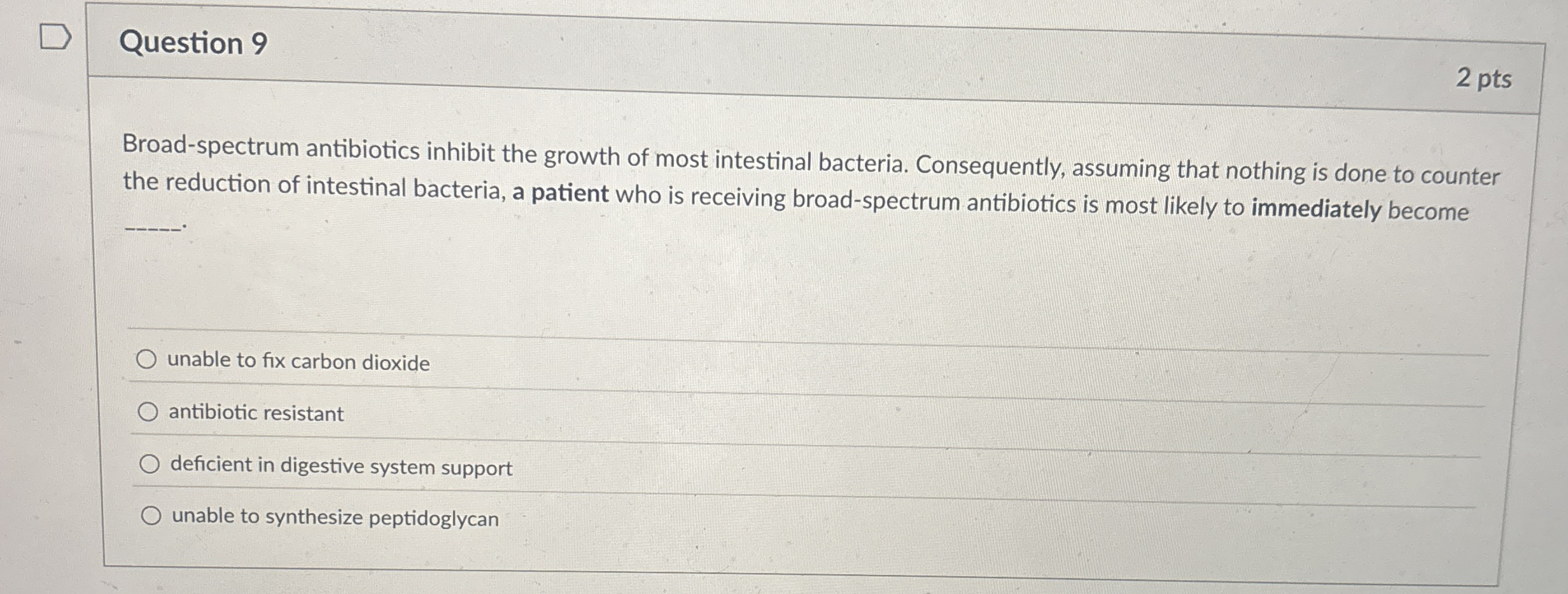 Solved Question 9Broad-spectrum antibiotics inhibit the | Chegg.com