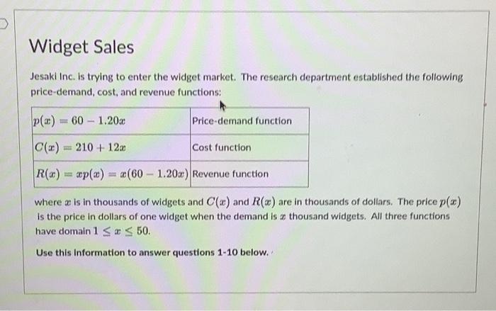 Solved Jesaki Inc. is trying to enter the widget market. The | Chegg.com