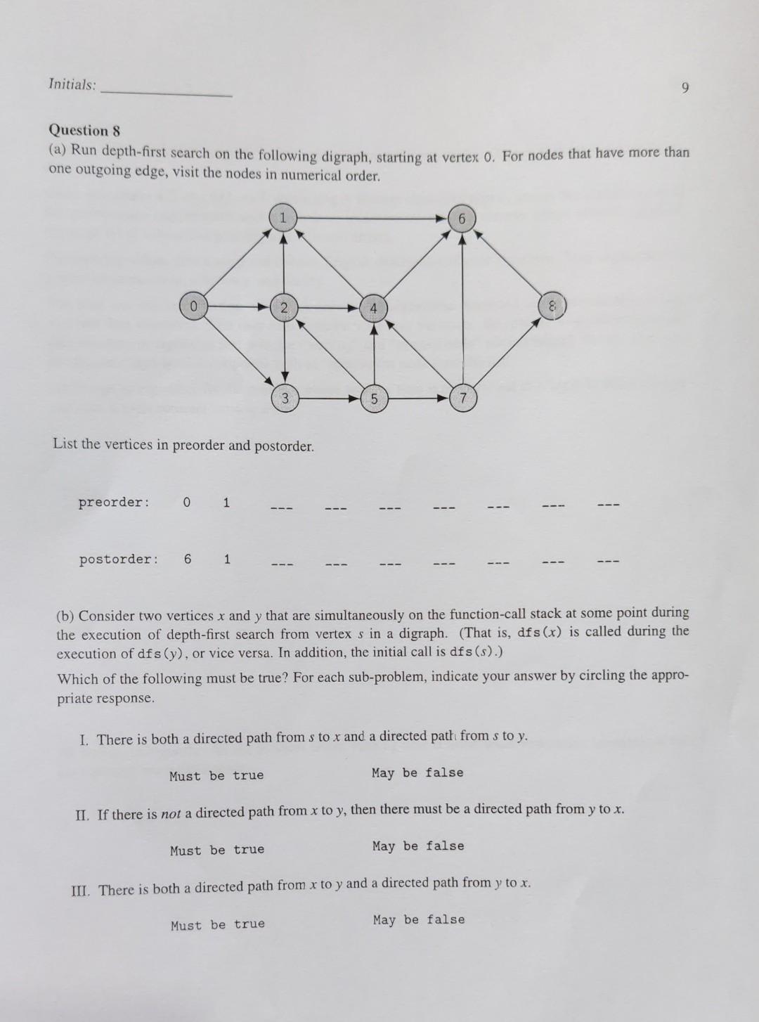 Solved Question 8 (a) Run depth-first search on the | Chegg.com