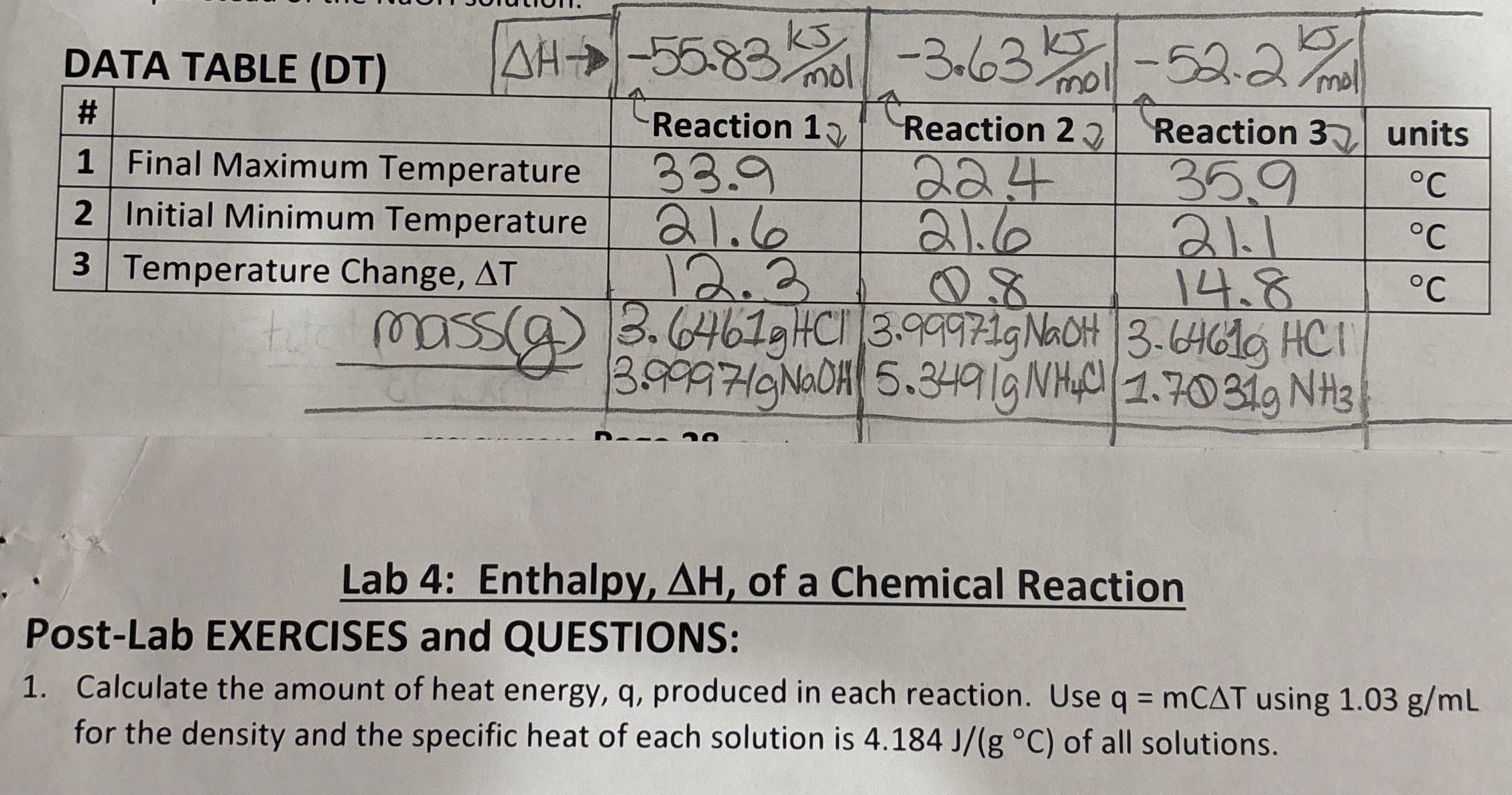 Solved Lab 4: Enthalpy, ΔH, ﻿of a Chemical Reaction Post-Lab | Chegg.com