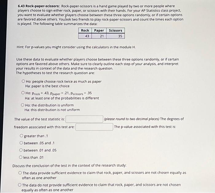 Solved 6.43 Rock-paper-scissors: Rock-paper-scissors is a | Chegg.com