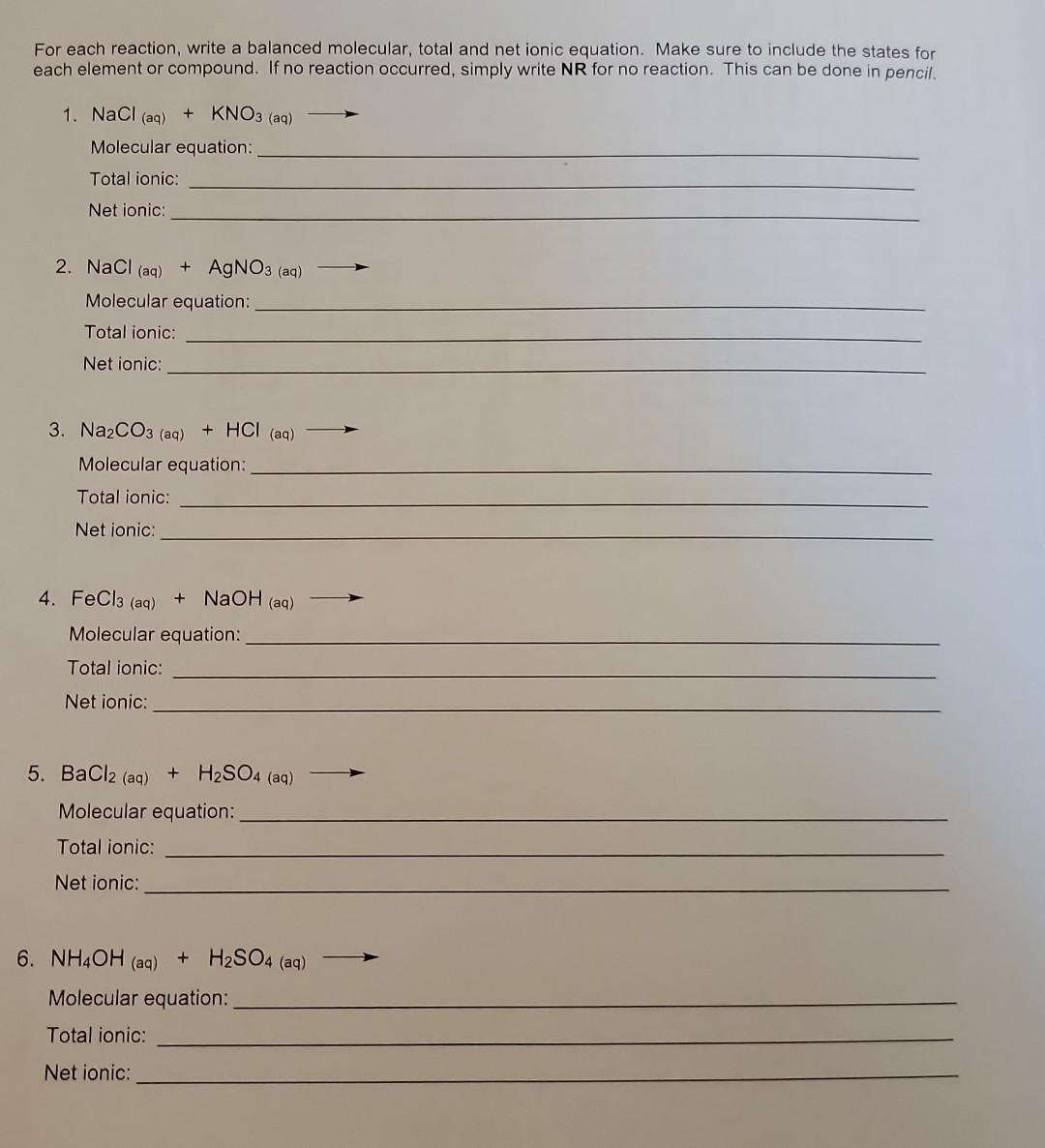 Solved For each reaction, write a balanced molecular, total | Chegg.com