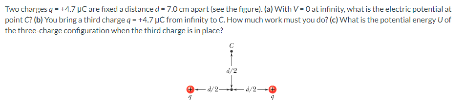 Solved Two charges q=+4.7μC ﻿are fixed a distance d=7.0cm | Chegg.com