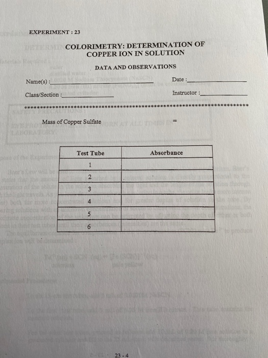 EXPERIMENT : 23 COLORIMETRY: DETERMINATION OF COPPER | Chegg.com