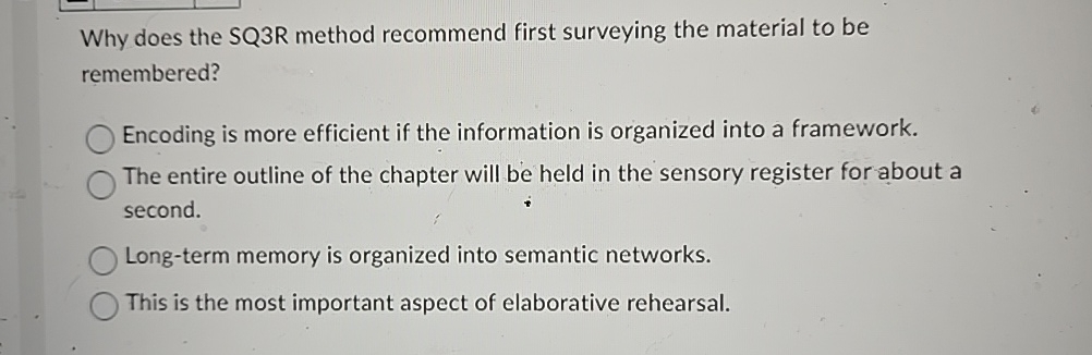 Solved Why does the SQ3R method recommend first surveying | Chegg.com
