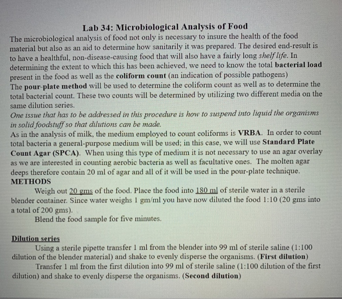 Solved Lab 34: Microbiological Analysis of Food The | Chegg.com