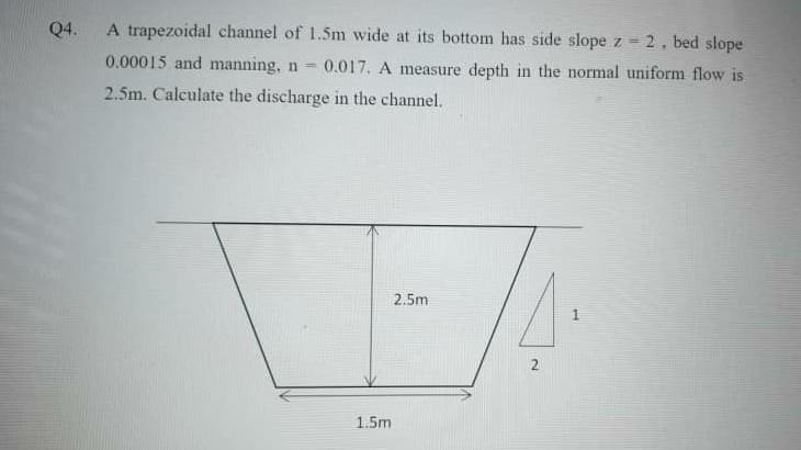 Solved Q4. A trapezoidal channel of 1.5m wide at its bottom | Chegg.com