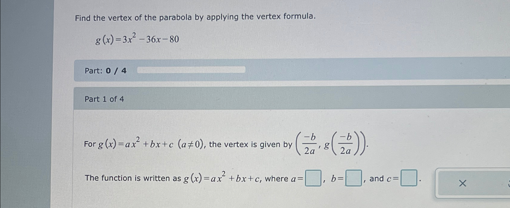 Solved Find the vertex of the parabola by applying the | Chegg.com