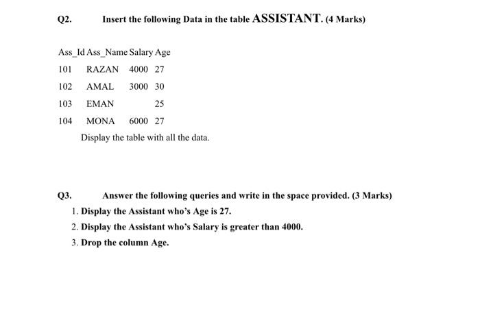 Solved Q2. Insert the following Data in the table ASSISTANT. | Chegg.com