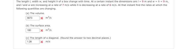Solved The length l, width w, and height h of a box change | Chegg.com