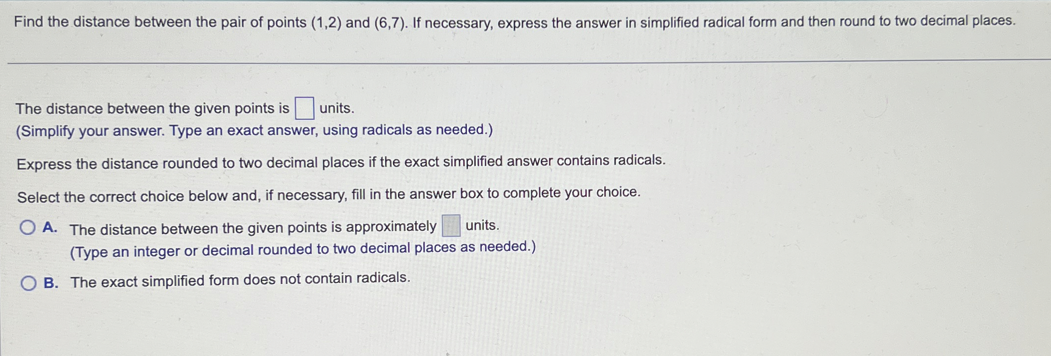 Solved Find the distance between the pair of points (1,2) | Chegg.com