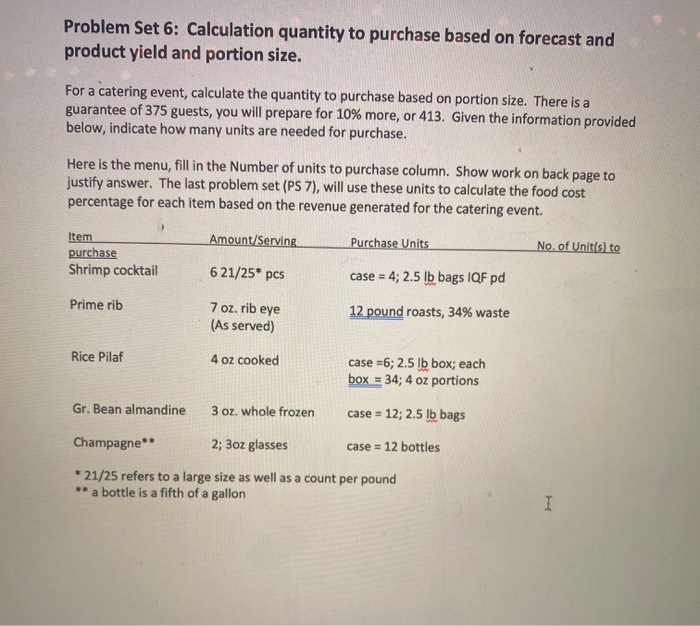 Problem Set 6: Calculation quantity to purchase based | Chegg.com